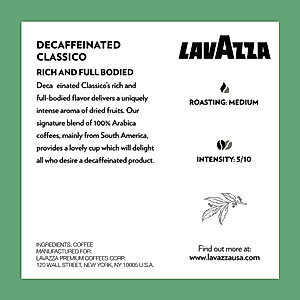 Lavazza Classico Decaf Single-Serve Coffee K-Cups for Keurig Brewer, Medium Roast, 10 Count Box ,Rich and full-bodied flavor delivers a uniquely intense aroma of dried fruits, 100% arabica coffees