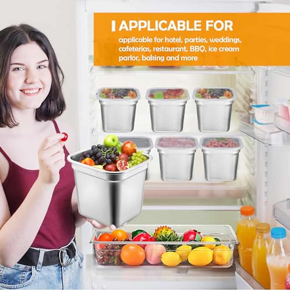 Suttmin 8 Pcs Hotel Pan 1/6 Size Steam Table Pan with PP Plastic Lid Stainless Steel Food Containers with Lids Restaurant Pans Food Prep Pan Anti Clogging Steamer for Buffet Party(6" Deep)