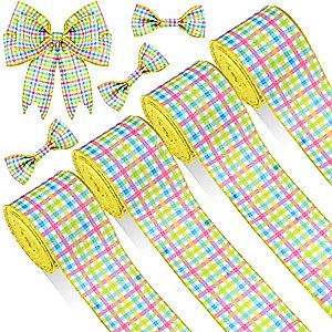 4 Roll 40 Yard Easter Spring Pastel Wired Ribbon, Gingham Ribbon Pink Blue Yellow Green Plaid Wired Ribbon for Wreaths Easter Plaid Ribbons for Home Decor DIY Wrapping Crafts Decoration (2.5 Inch)