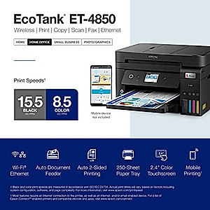 Epson EcoTank ET-4850 Wireless All-in-One Cartridge-Free Supertank Printer with Scanner, Copier, Fax, ADF and Ethernet – The Perfect Printer Office - Black