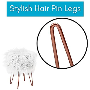 BIRDROCK HOME White Faux Fur Vanity Stool Chair - Soft Furry Compact Padded Seat - Vanity, Living Room, Bedroom and Kids Room Chairs - Hair Pin Metal Legs Upholstered Decorative Furniture Foot Rest