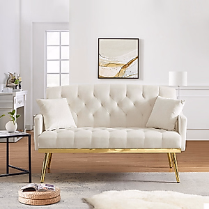 Small Velvet Loveseat Sofa, 55.5-inch Modern Sofa Couch with with 2 Side Pockets, Modern Tufted Sofa with Golden Metal Legs, Upholstered Space Saving Love Seat for Living Room, Bedroom, Office, Beige