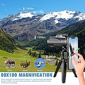 80x100 Monocular Telescope, Night Vision Monocular Telescope for Smartphone with Tripod, High Power Monocular for Adults,HD Monocular for Hiking Hunting Stargazing Bird Watching Travel Camping