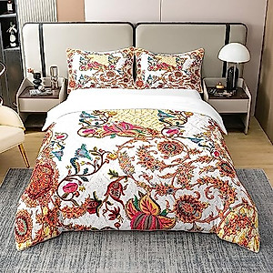 100% Cotton Exotic Floral Duvet Cover Full, Boho Bedding Set, Bohemian Floral Persian Exotic Tribal Comforter Cover, Abstract Gold Red Flowers Botanical Plant 3Pcs Quilt Cover for Girls