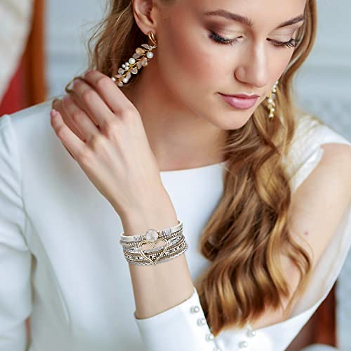 Fesciory Leopard Bracelet for Women, Boho Leather Wrap Multi-Layer Pearl Crystal Bracelet Bangle Jewelry (B33:Heart Leather(Silver))