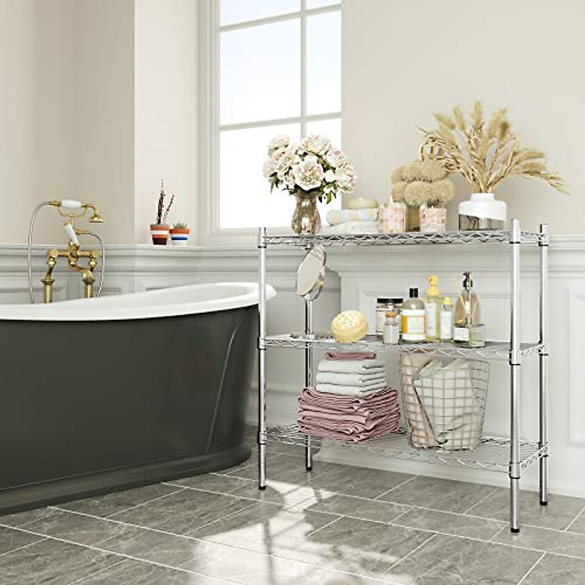 Auslar 3-Shelf Storage Wire Shelves Heavy Duty 3 Tiers Standing Shelving Units Adjustable Metal Organizer Wire Rack, Chrome