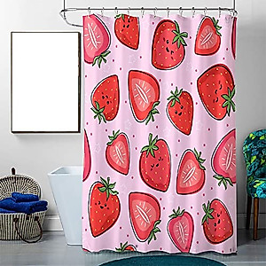 Zmcongz Lovely Strawberry Bathroom Sets with Shower Curtain and Rugs and Accessories Cute Fruit on Pink Background Bathroom Decor Bath Curtain with Rugs Toilet Lid Cover Bath Mat, 72x72 Inch