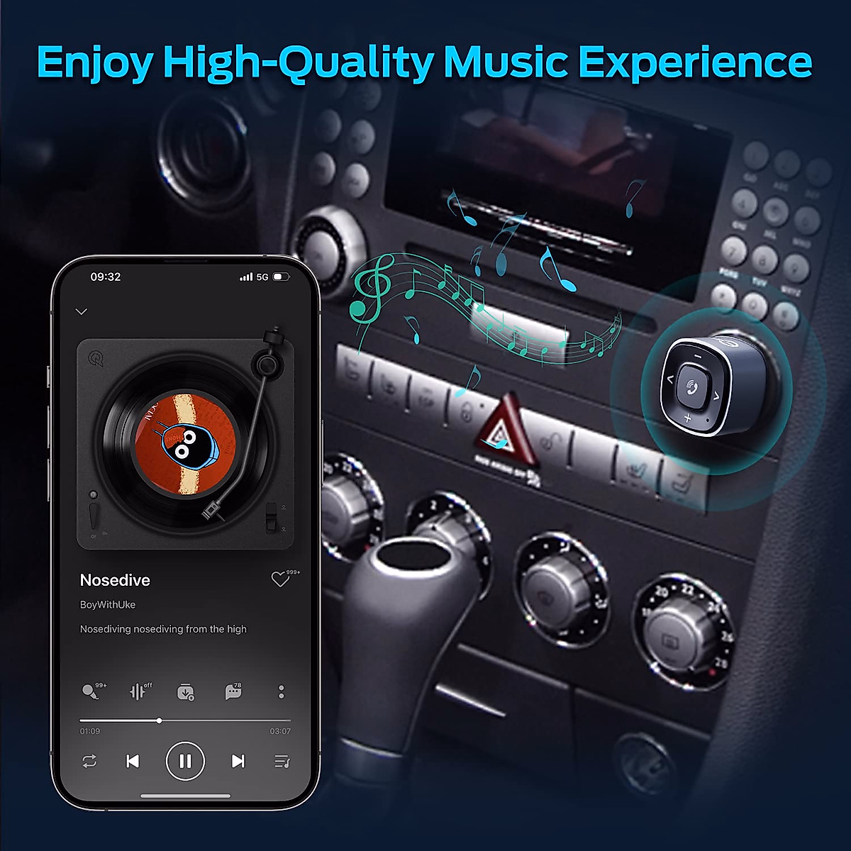 Esky Bluetooth Receiver for Car, 3.5mm Aux Bluetooth Car Adapter, Bluetooth 5.1 Wireless Car Audio Stereo Kits with Hands-Free Call, Dual USB Ports Car Charger