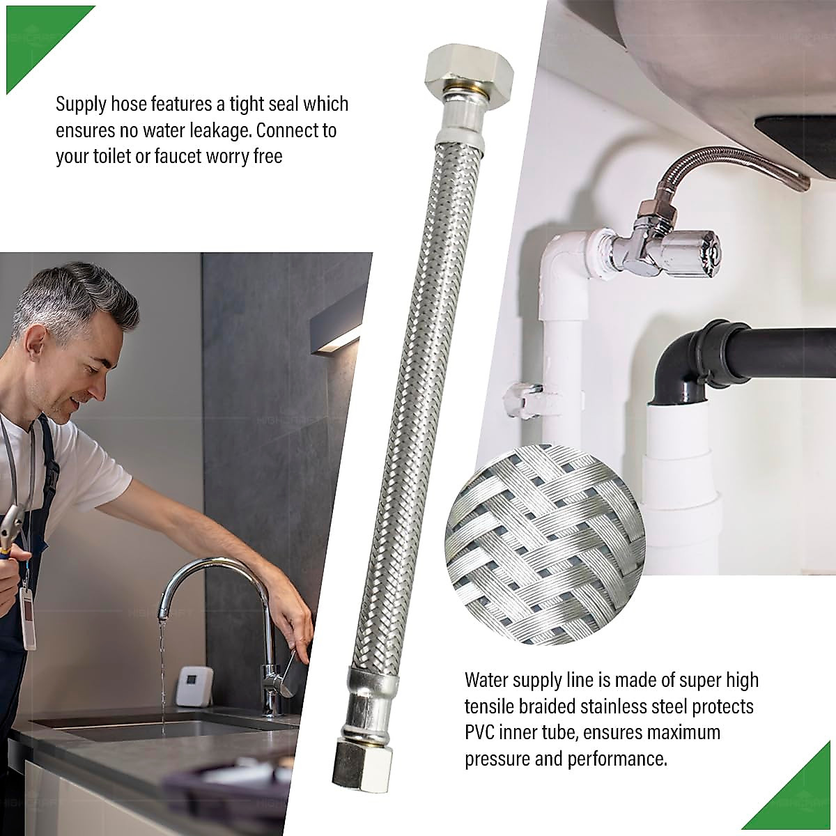 Highcraft CNCT27124-OM-2 Faucet Supply Line Connects Kitchen Sink To Water Supply, Braided Faucet Connector With 1/2 In x 3/8 In Brass Nut, Stainless Steel 24 In (Pack Of 2)