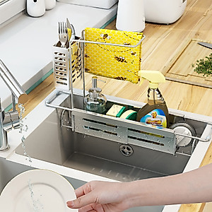 ParkNbuy Expandable Kitchen Sink Caddy Sponge Holder,Stainless Steel Telescopic Sink Storage Rack,Over Sink Adjustable Sponge Holder for Kitchen Sink with Dishcloth Towel Rack,Black