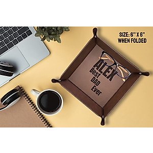 Customized Leather Valet Tray with Snaps Jewelry Key Coin Watch Glasses Tray with Custom Name Text - Wedding Holiday Birthday Corporate Gift (Brown)