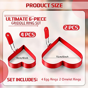 Patelai 6 Pcs Nonstick Pancake Ring 6'' and 4'' Stainless Red Heart Egg Rings Set Heart Shaped Pancake Mold Egg Rings with Red Silicone Handle for Breakfast Love Omelette Sandwich