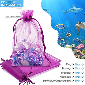 Jadive Mermaid Jewelry for Girls, Mermaid Necklace Bracelet for Kids Mermaid Accessories Shell Necklace Bracelet Ring Earrings Organza Bag Mermaid Party Costume Jewelry(Purple, Cute Style)