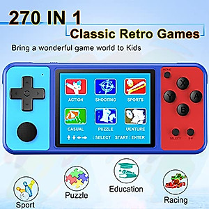 Great Boy Handheld Game Console for Kids Preloaded 270 Classic Retro Games with 3.0'' Color Display and Gamepad Rechargeable Arcade Gaming Player (Blue)