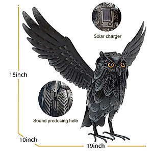 Natelf Solar Owl Decoy Sculptures & Statues Halloween Decoration, Standing Metal Bird Deterrent to Scare Birds Squirrels Away for Outdoor Garden Yard Patio, Black
