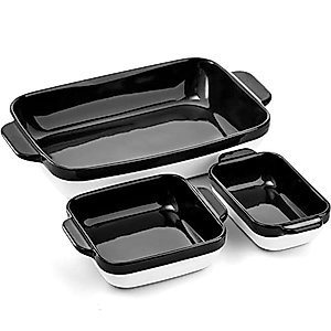 DEAYOU Casserole Baking Dish, 3-Pack Bakeware Set, Ceramic Lasagna Pan, Rectangular Stoneware Baking Pan Set for Oven, Cooking, Cake Dinner, Daily Use, Black and White