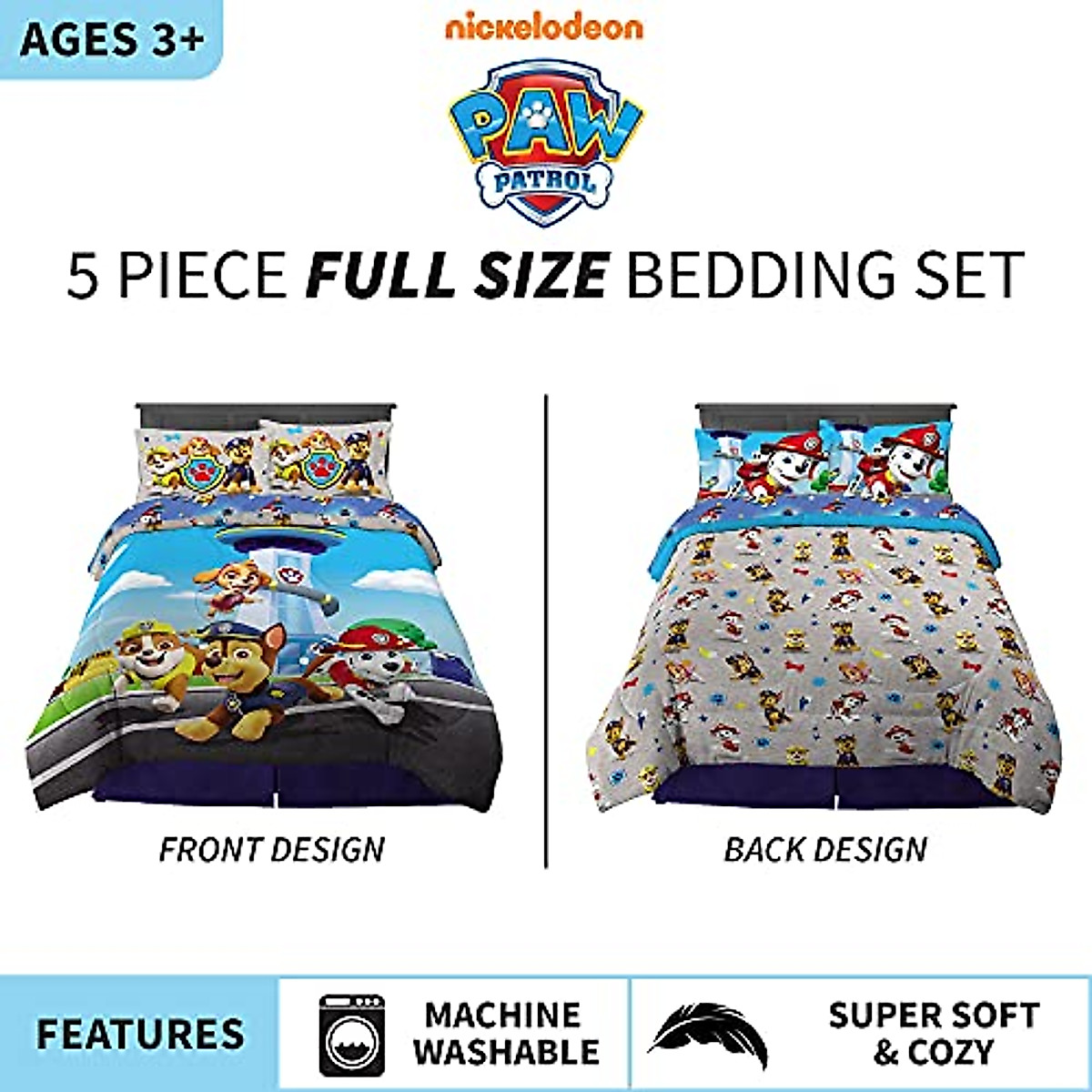 Franco Paw Patrol Kids Bedding Super Soft Comforter And Sheet Set, 5 Piece Full Size, (Official) Nickelodeon, 39 x 75 Inch