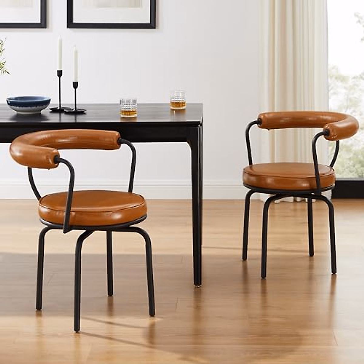 Art Leon Swivel Dining Chairs, Set of 2, Faux Leather Upholstered Dining Room Chairs, Modern Accent Armchairs with Black Metal Legs for Kitchen Living Room Bedroom, Brown