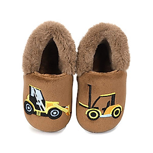 ESTAMICO Boys Girls Warm Slippers Cartoon Truck Kids Winter Indoor Household Shoes, Khaki 9-10 Toddler
