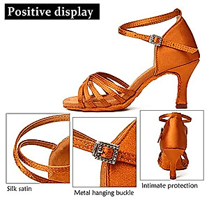 DKZSYIM Women's Satin Latin Dance Shoes Professional Ballroom Salsa Practice Performance Dancing Shoes,213-Brown-7,US 8.5