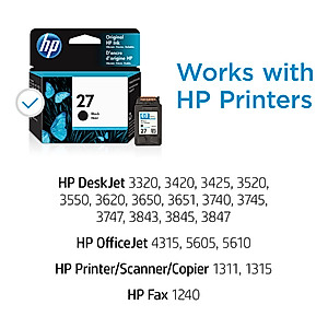 Original HP 27 Black Ink Cartridge | Works with HP DeskJet 3320, 3420, 3520, 3550, 3620, 3650, 3740, 3849; HP OfficeJet 4315, 5600; HP PSC 1310; HP Fax 1240 Series | C8727AN