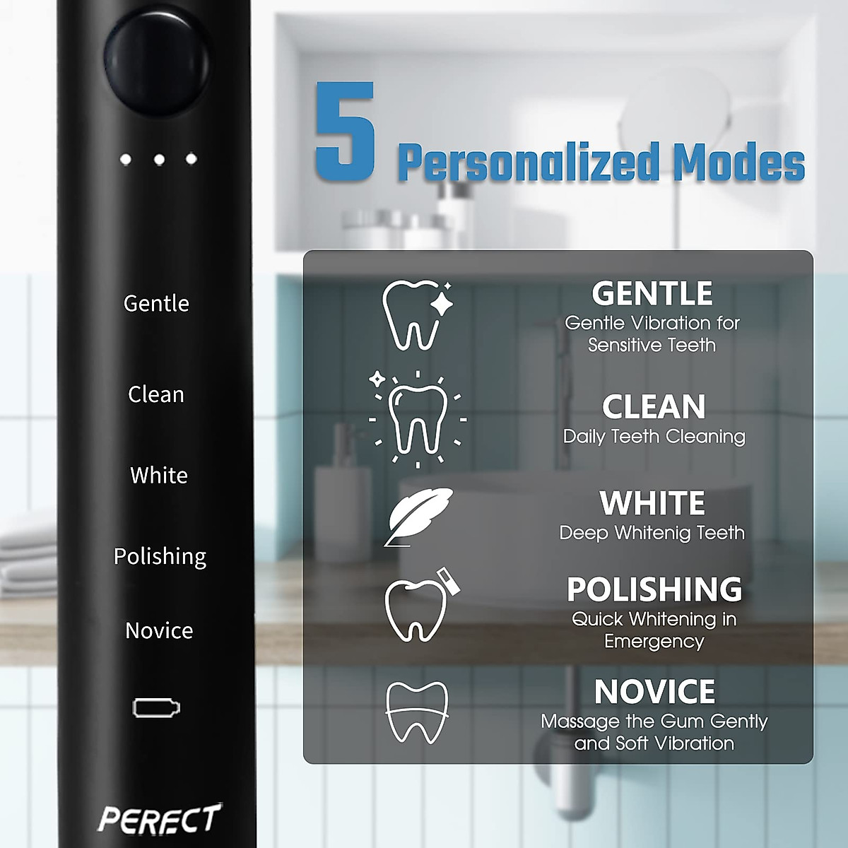 PERECT Sonic Electric Toothbrush for Adults, Rechargeable Sonic Electric Toothbrush with 6 Brush Heads, 1 Charge for 90 Days,IPX7 Waterproof 5 Modes 3 Intensities, Smart Timer, Black