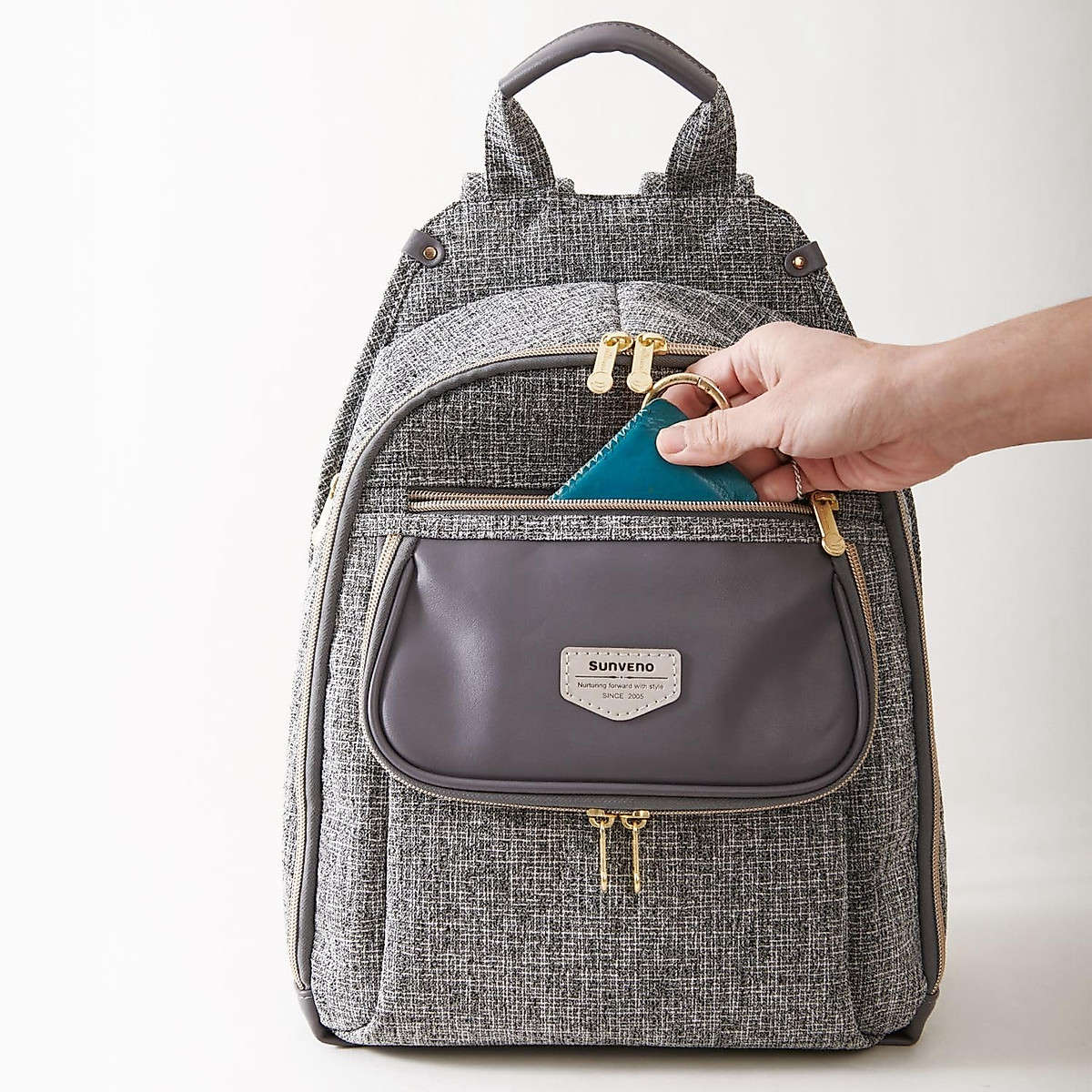 SUNVENO Mini Diaper Bag Backpack, Multifunctional Baby Bag with Insulated Pockets Waterproof Travel Bag, Grab-Top Handle (Hemp Grey)