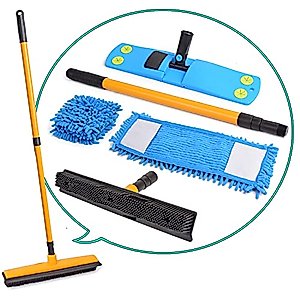 EJG Magic Pet Hair Remover, Rubber Broom & Squeegee & Mop, for Carpet Floor Cleaning, with Microfiber Dust Mop, Extendable, Silicone Bristles Long Handle Sweeper Household Hardwood Tiles Window
