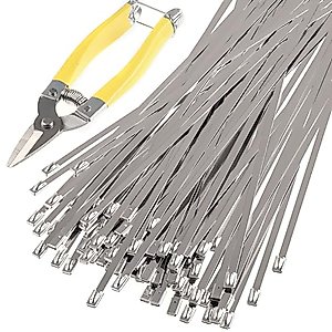 100 Pcs Stainless Steel Zip Ties Comes With Cutting Tools, Metal Cutting Shears for Cutting Stainless Steel Cable Ties -Suitable For Gardens, Farms, Chain Link Fences, Vehicles, Etc.