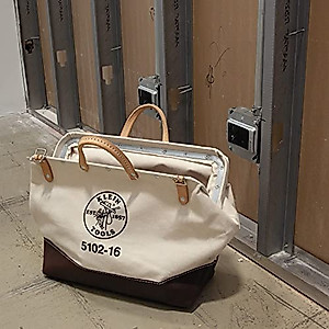 Klein Tools 5102-16 Heavy Duty Natural Canvas Tool Bag, Tool Tote, Multi-Purpose Bag with Wide Hinged Opening and Leather Handles, 16-Inch
