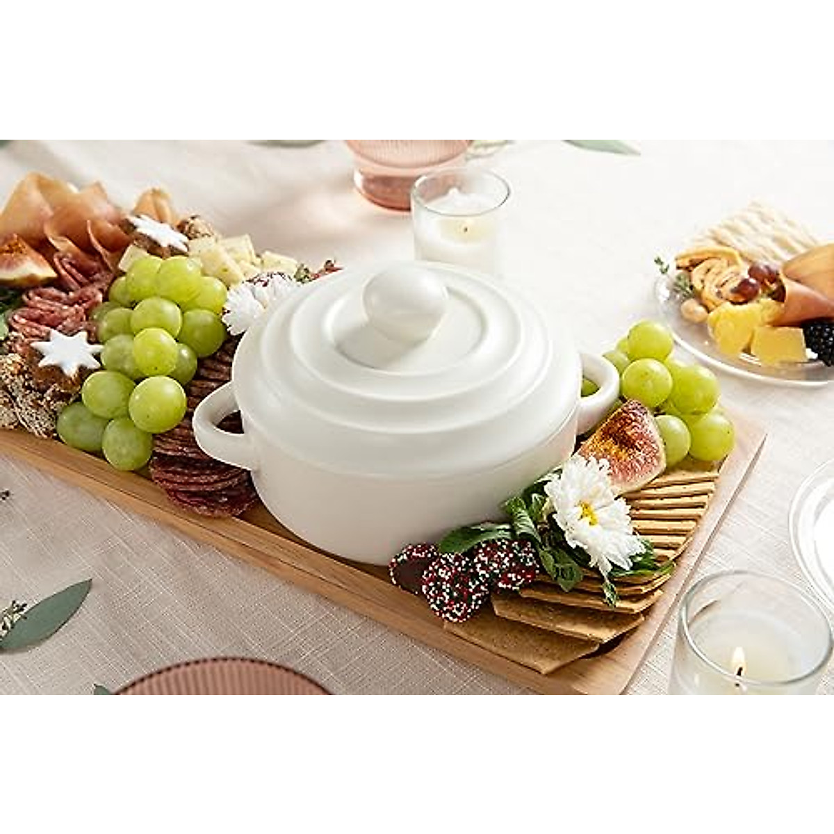 Stoneware Brie Cheese Baking Dish and Warmer with Lid - Oven Safe - Great for Charcuterie Board and Grazing Table Accessories - Perfect for Camembert, Baked Brie, Fondue, Dip - Oven Safe Ceramic Crock