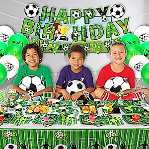 Soccer Party Supplies Serves 20 Guests - Including Happy Birthday Banner, Plates, Cake Toppers, Cups, Napkins, Tablecloth, Balloons, Straws, for Boys Kids Sports Birthday Party Decorations