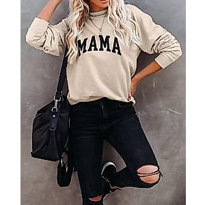 LEEDYA Women Cute Graphic Sweatshirts Crewneck Mama Shirts Long Sleeve Loose Fit Pullover Apricot Medium