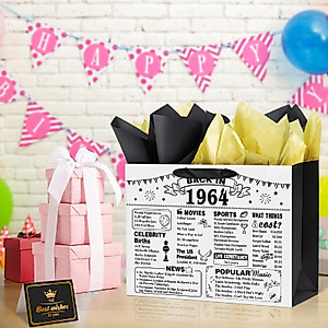 60th Birthday Gift Wrap Bag Vintage 1964 Gift Bag, 60th Birthday Decorations Paper Bag with Tissue Paper & Back in 1964 Poster, Happy Birthday Gift Bag for 60 Years Old Women/Men 13" x 10" x 5"