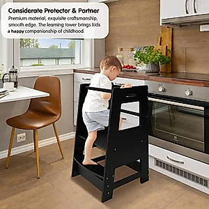 ECOMEX Standing Tower for Toddlers, Toddler Stool for Kitchen Counter Kids Kitchen Step Stool with Safety Rail Toddler Standing Tower with Adjustable Platform for Kitchen Counter, Classic Black