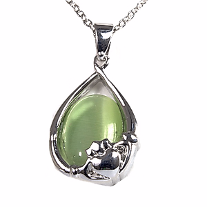 Irish Celtic Rhodium Green Cats Eye Claddagh Pendant by Solvar