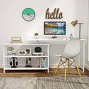 Tribesigns Modern L-Shaped Desk with Storage Shelves, 360°Rotating Desk Corner Computer Desk Study Writing Table Workstation with Open Shelves for Home Office, High Glossy Finish (White)