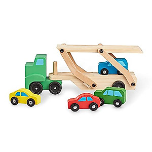 Melissa &amp; Doug Car Carrier Truck and Cars Wooden Toy Set With 1 Truck and 4 Cars - Wooden Cars, Vehicle Toys, Push And Go Wooden Trucks For Toddlers And Kids Ages 3+