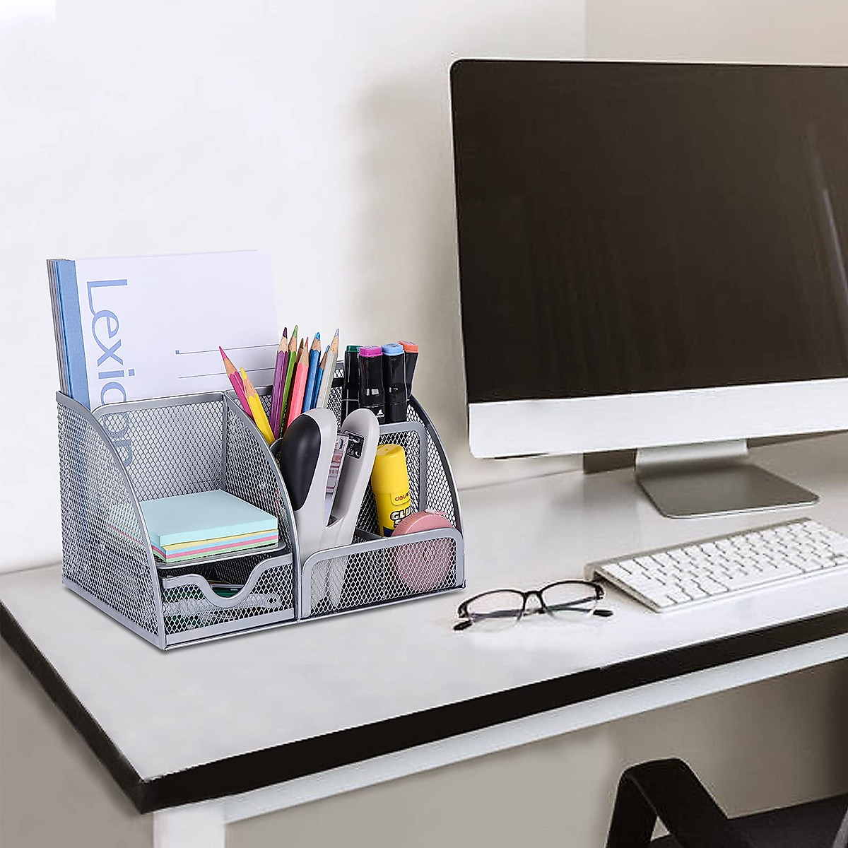 Desk Organizer Office Accessories, Multi-Functional Mesh Desk Organizer with 6 Compartments and 1 Drawer for Home, Office, School, Workshop, kitchen (Silver)