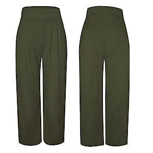 LROSEY Women's Stretchy Solid Color High Waisted Wide Leg Palazzo Pants with Pockets Green
