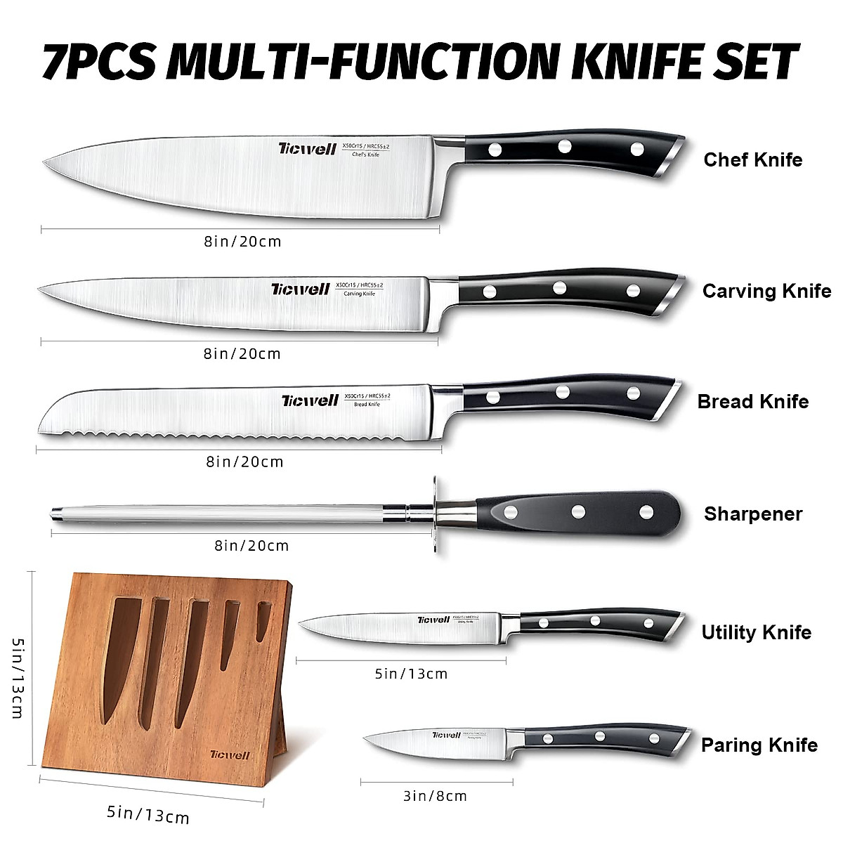 TICWELL Knife Set 7pcs Knife Set with Block Sharpener Kitchen Professional High Carbon German Stainless Steel, Hollow Wooden Block, Triple Rivet Safe Full Tang Knife Handle Dishwasher Safe