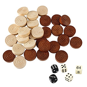Amerous Thread Wooden Checkers Pieces Nature Wood Backgammon Pieces with Drawstring Bag, 5 Dices Included