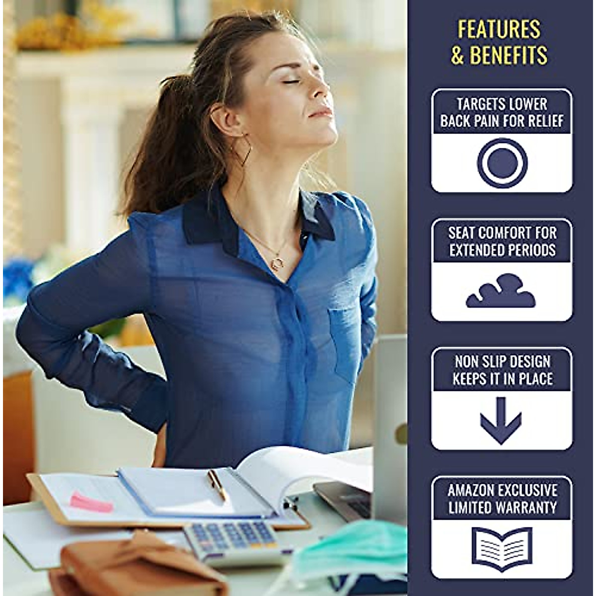 DMI Gradual Slope Seat Cushion for Coccyx, Sciatica and Tailbone Pain Used With Dining Room Chairs, Desk Chairs, Car Seats or Wheelchair Cushions, Machine Washable-Cover, 15 Inch, Navy