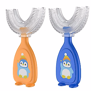 U Shaped Toothbrush for Kids, Whole Mouth Toothbrush 360 Clean Teeth,Food Grade Soft Silicone Brush Head, Teeth Whitening for Kids, Suitable for Age 2 6 Todlder(2 PcS Navy Blue + Orange with Box)