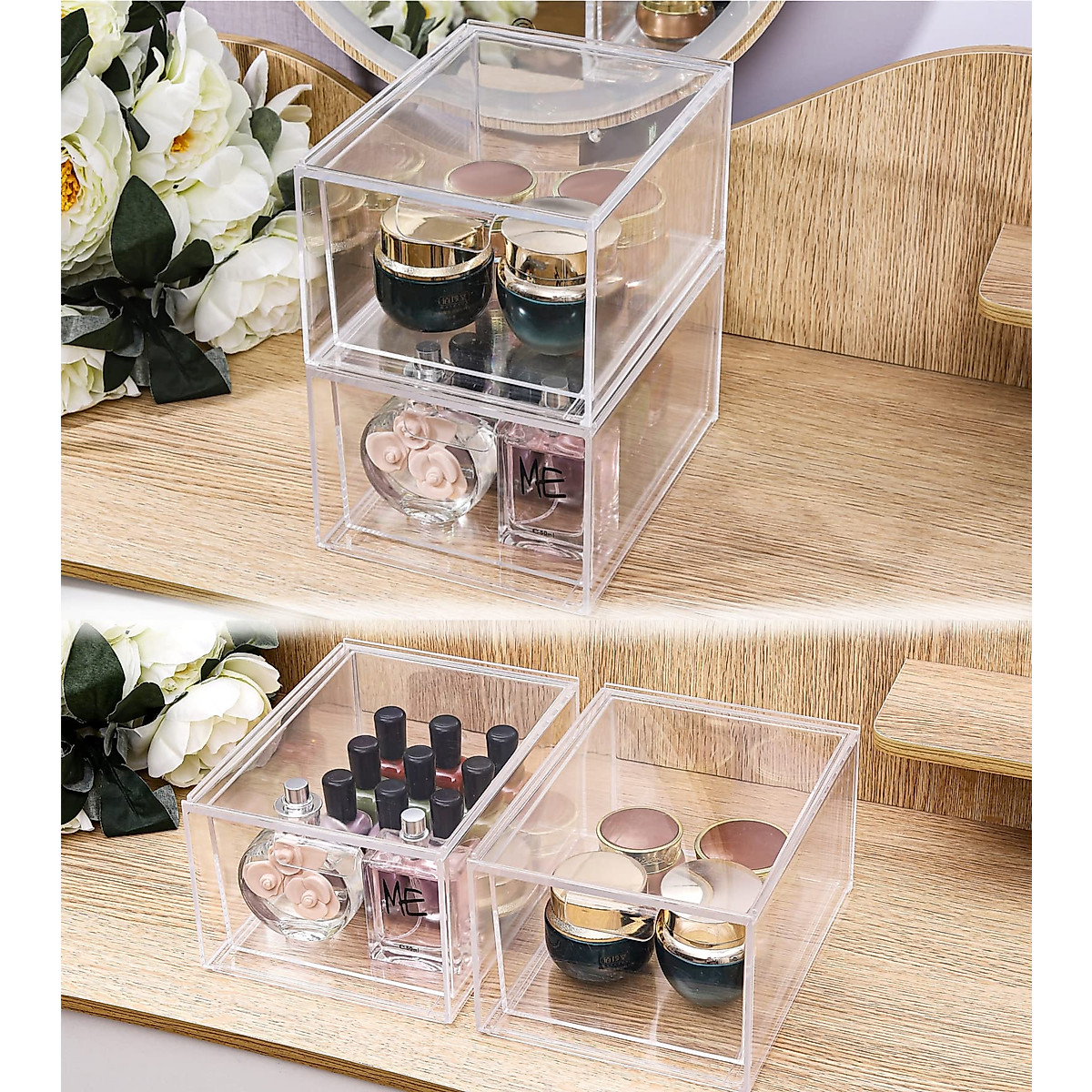 SuoXing Stackable Makeup Plastic Organizer Storage Drawers,4.5'' Tall Acrylic Bathroom Organizers,2 Pack Cosmetic Display Case Plastic Storage Bins For Vanity,Undersink,Pantry Organization and Storage