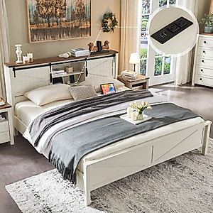 T4TREAM Farmhouse King Size Bed Frame w/Storage Bookcase Headboard, Sliding Barn Door, Charging Station, Rustic Wood Platform Bed w/Wood Slats Support, No Box Spring Needed, Antique White