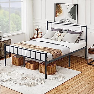 Queen Bed Frame, Metal Bed Frame Queen Size with 12 Inch Under-Bed Storage & Strong Metal Slats Support, Black Queen Bed Frame with Headboard and Footboard, No Box Spring Needed & Anti-Slip, Black
