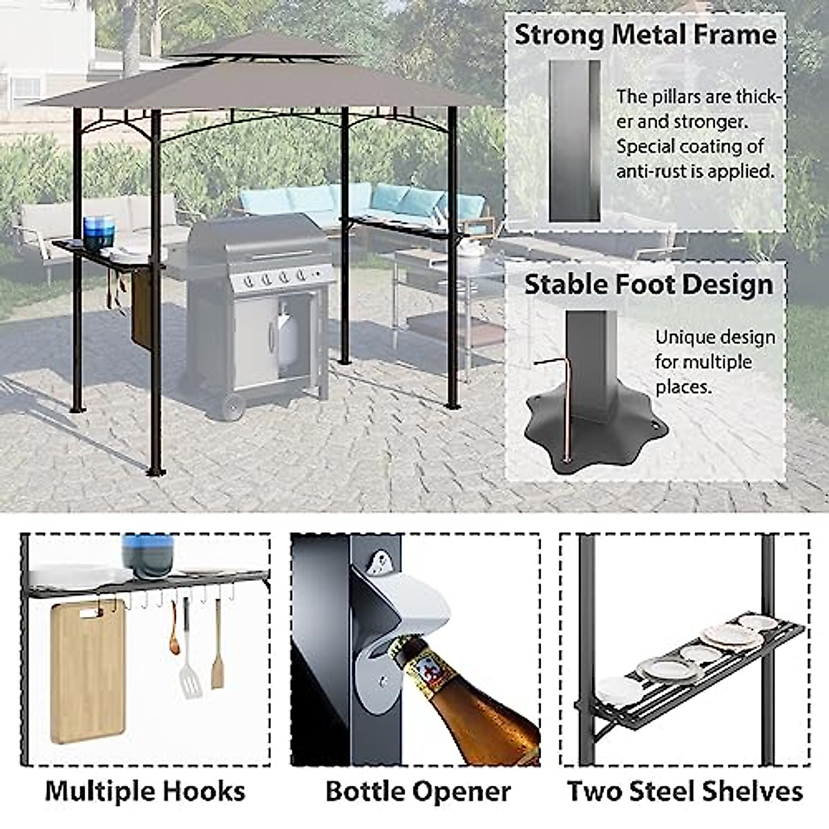 TRIPLE TREE 8 x 5 FT Grill Pergola Tent with Air Vent,Double Tiered Outdoor BBQ Gazebo with 2 Side Shelves,10 Hooks,Bottle Opener,Outdoor Barbecue Canopy for Patio,Garden,Beach,Backyard,Gray