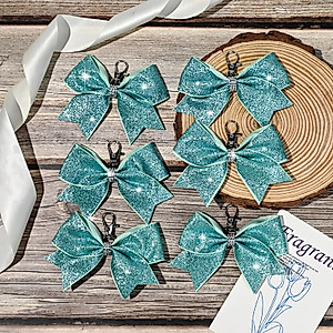 Aileam 6PCS Cheer Bow Key Chain Glitter Green Hair Bow for Girls Rhinestones Sequin Bow School Senior Cheer Bow Accessories for Teen Softball football Cheerleader Sports