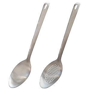 IOCBYHZ Cooking Spoon Set, 2Pcs 14.7" Stainless Steel Large Serving Spoons, Solid Spoon & Slotted Spoon for Restaurant, Large Metal Tablespoon, Basting Spoon Perforated Spoon Metal Kitchen Utensils